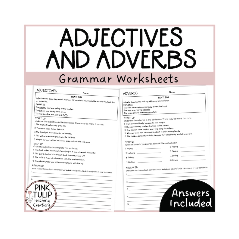 Adjectives and Adverbs - Grammar Worksheets With Answers - Etsy
