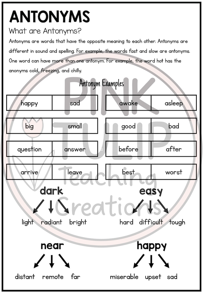 Antonyms Worksheet Pack No Prep Printables With Answers - Etsy