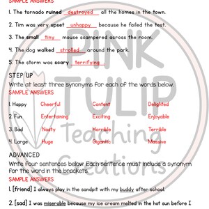 Antonyms and Synonyms - Grammar Worksheets With Answers - Etsy