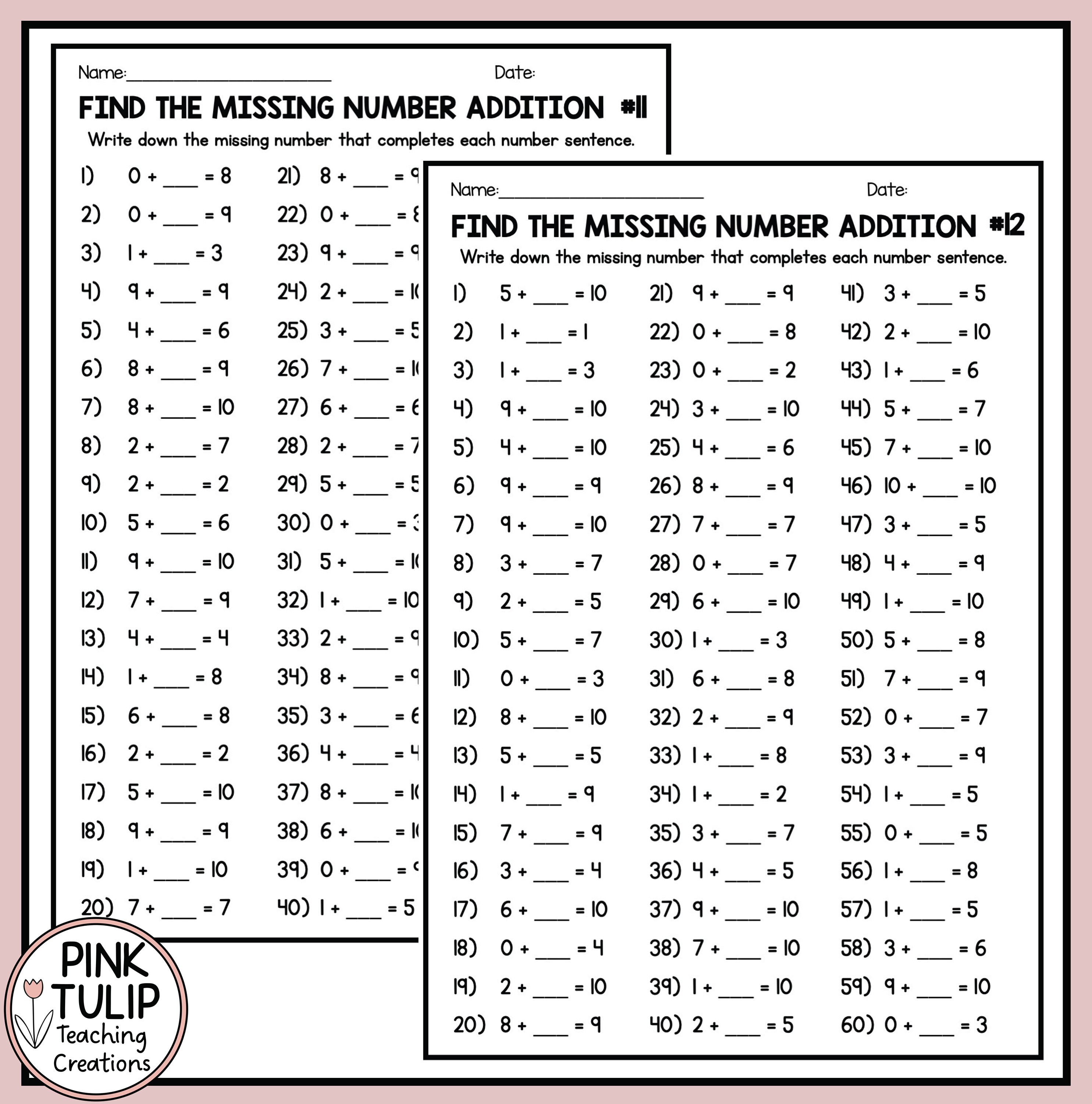 Missing Number up to 10 Addition Worksheets - Mental Math or Early ...