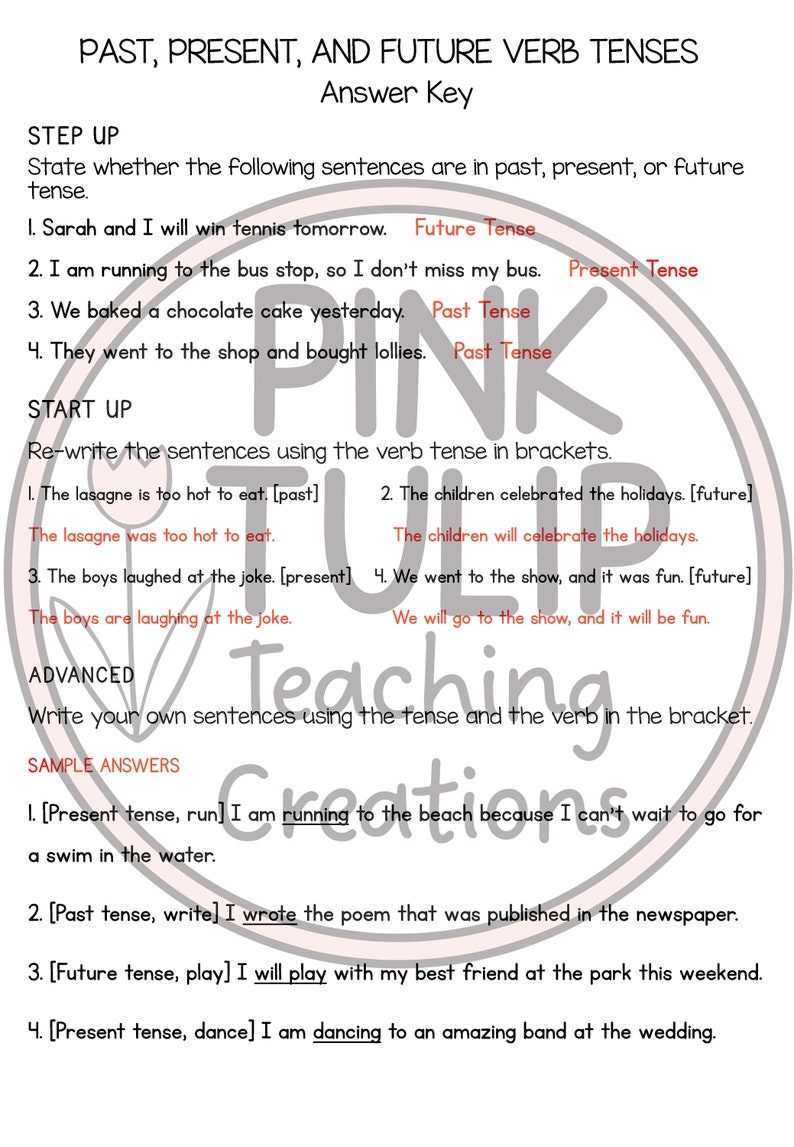 Verbs, Adjectives, Adverbs and Tense Grammar Worksheets With Answers - Etsy