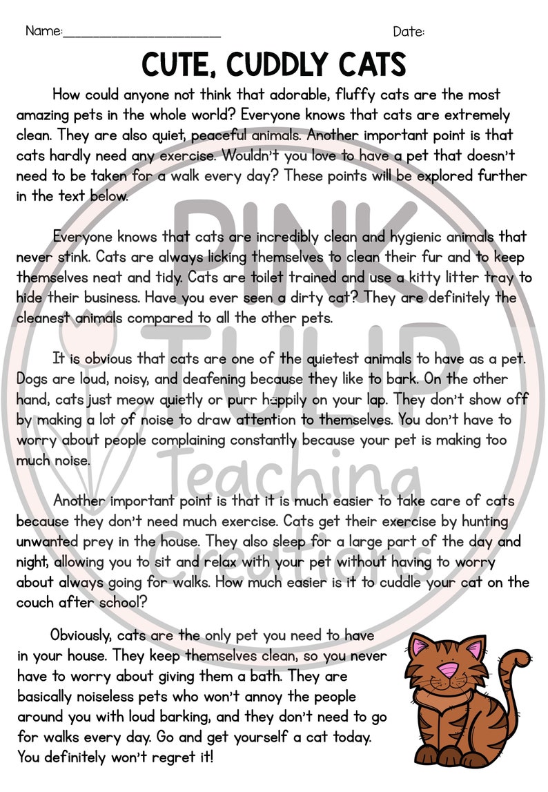 Persuasive Writing Comprehension Cute, Cuddly Cats - Etsy