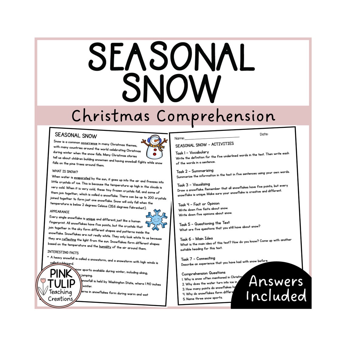 Seasonal Snow Christmas Comprehension - Reading Strategy Worksheet - Etsy