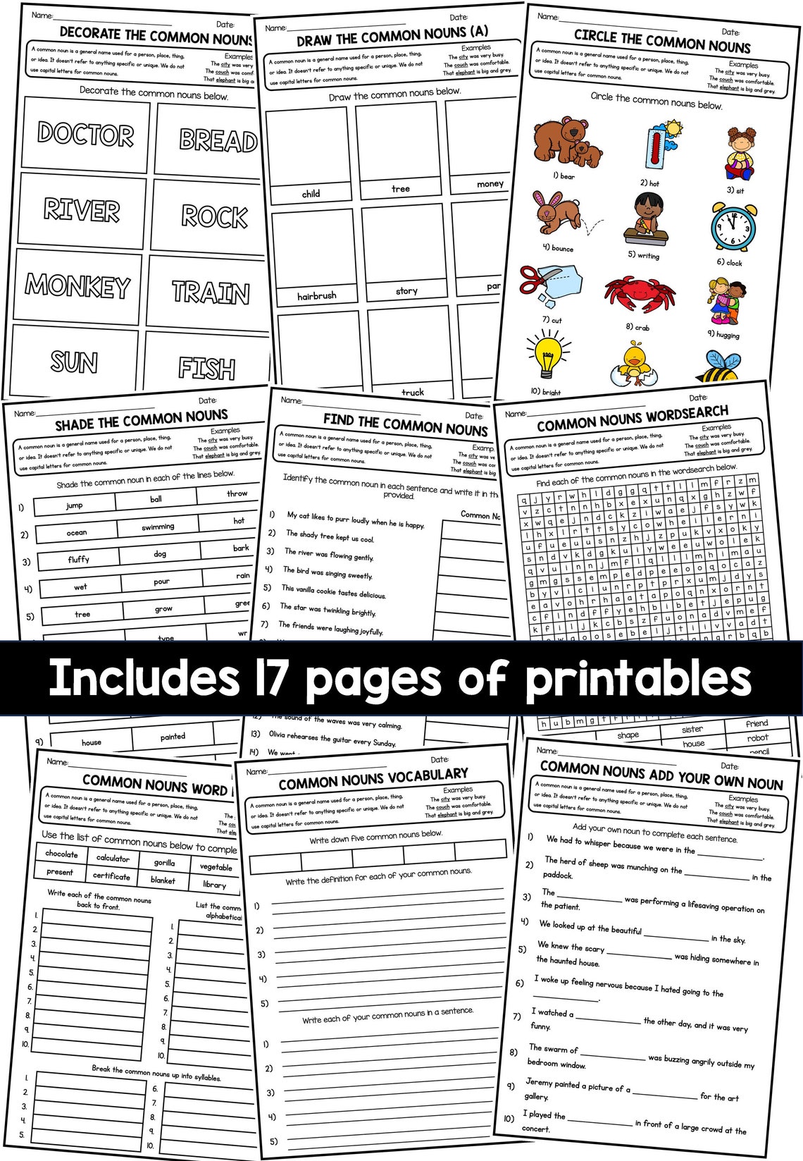 Common Nouns Worksheet Pack No Prep Printables With Answers - Etsy