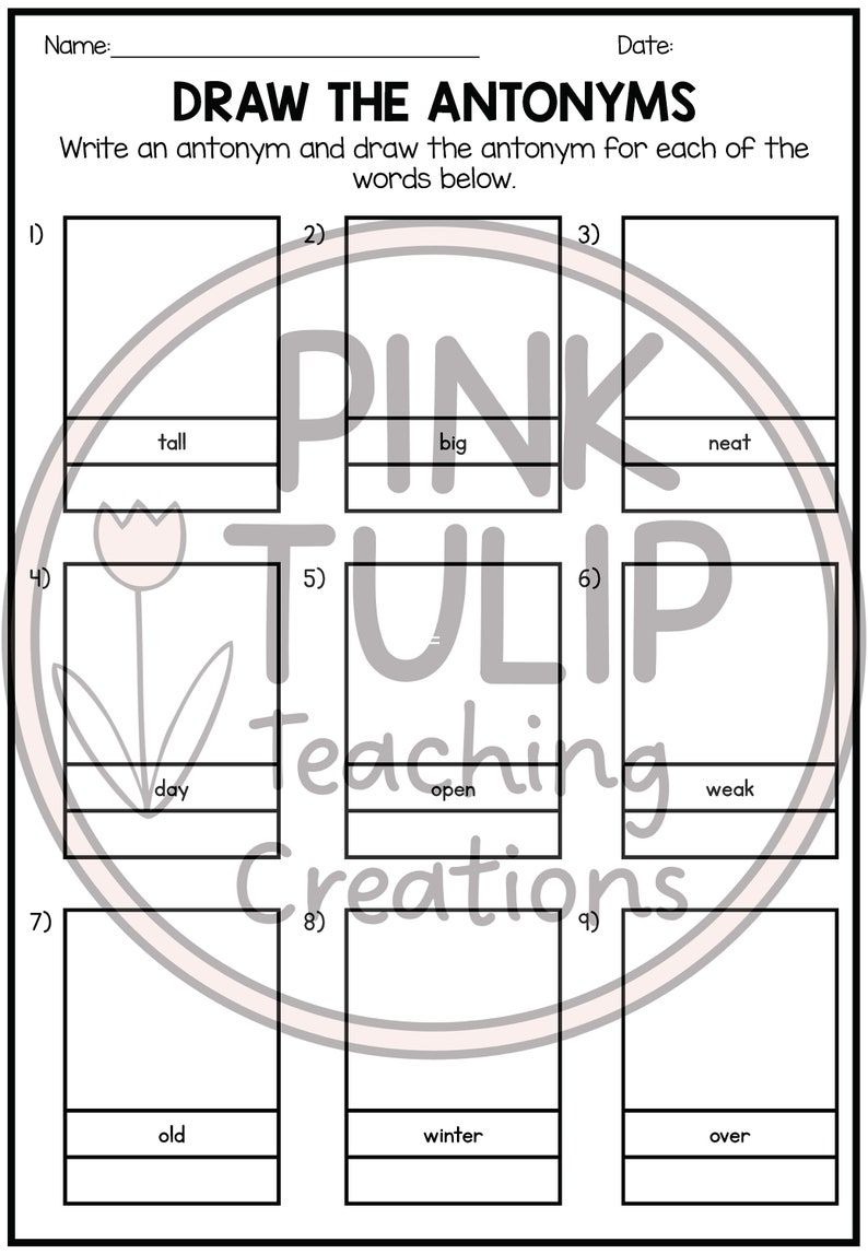 Antonyms Worksheet Pack No Prep Printables With Answers - Etsy