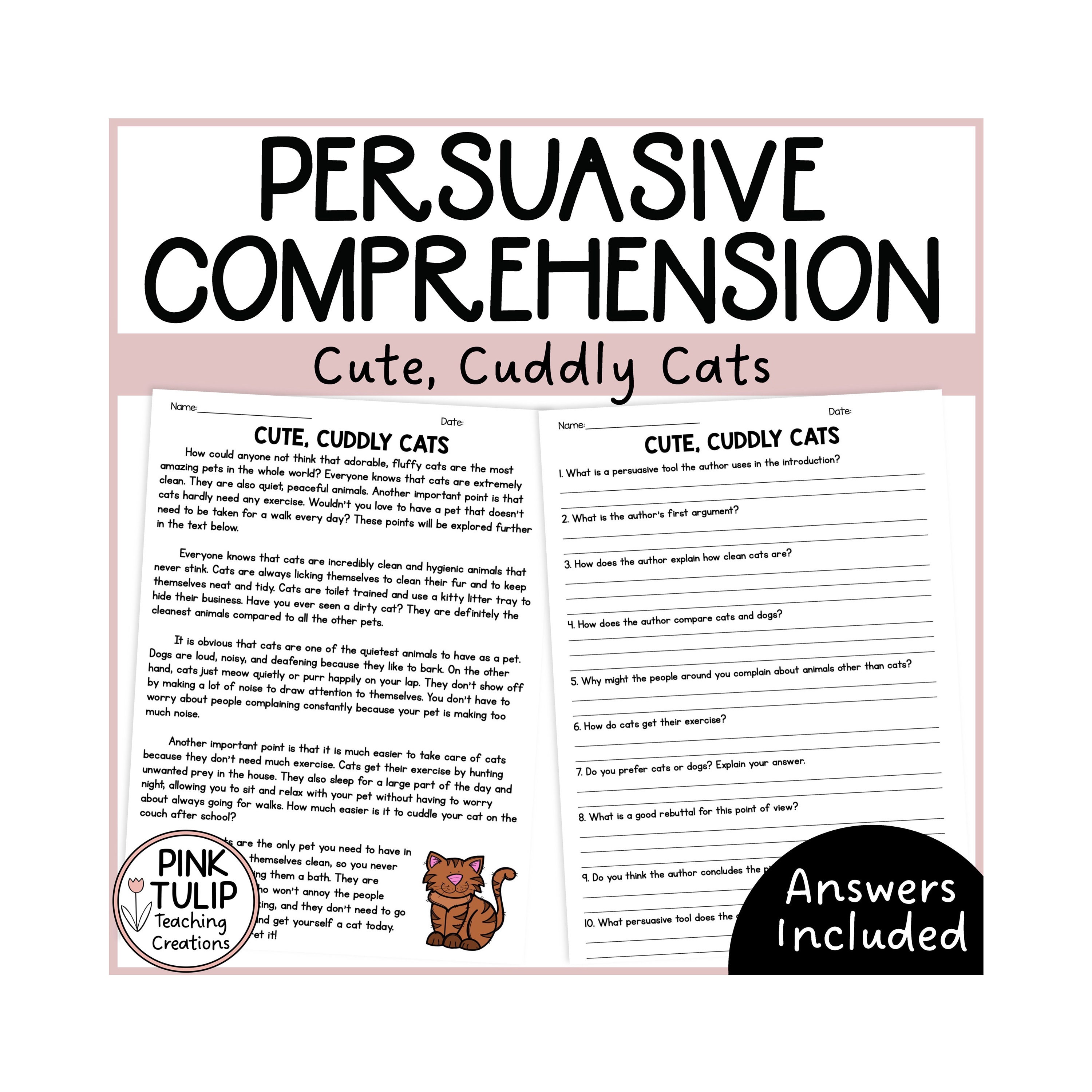 Persuasive Writing Comprehension Cute, Cuddly Cats - Etsy