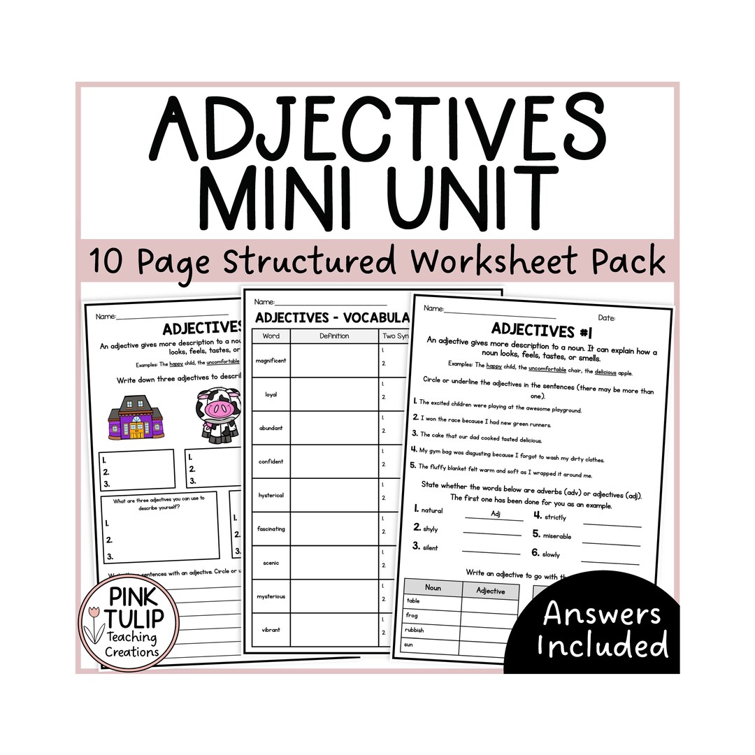 Adjectives Mini Unit - Structured Worksheet Pack - Etsy