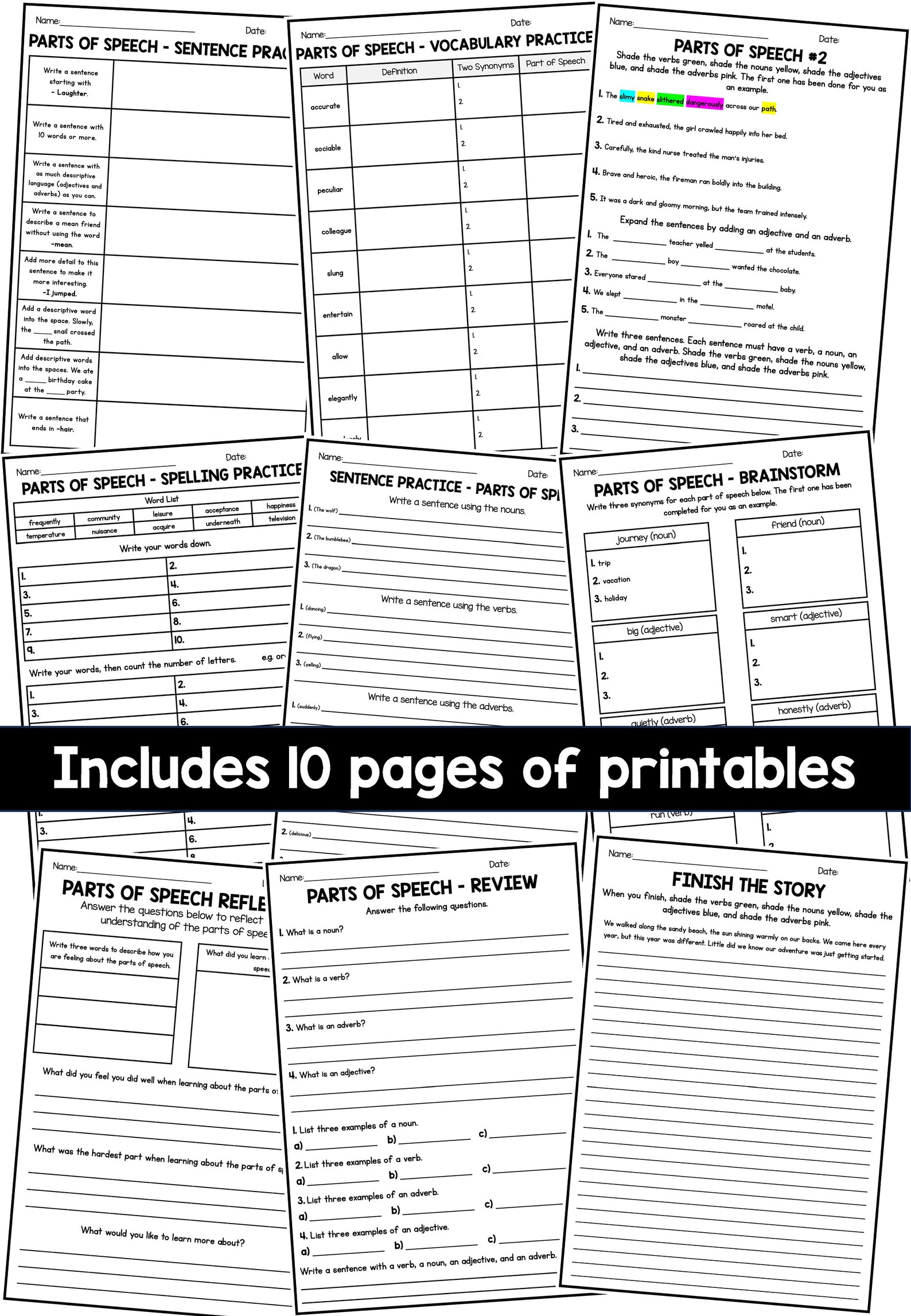 Parts of Speech Mini Unit - Structured Worksheet Pack - Etsy