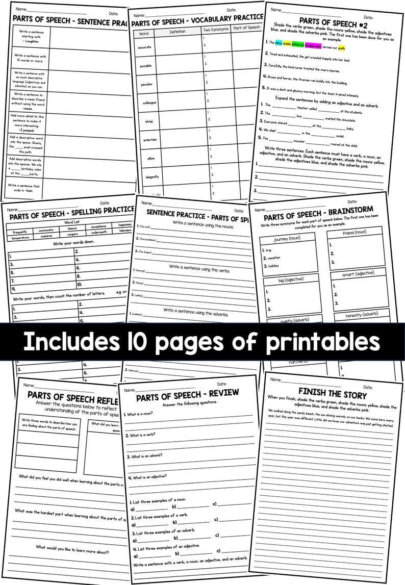 Parts of Speech Mini Unit - Structured Worksheet Pack - Etsy