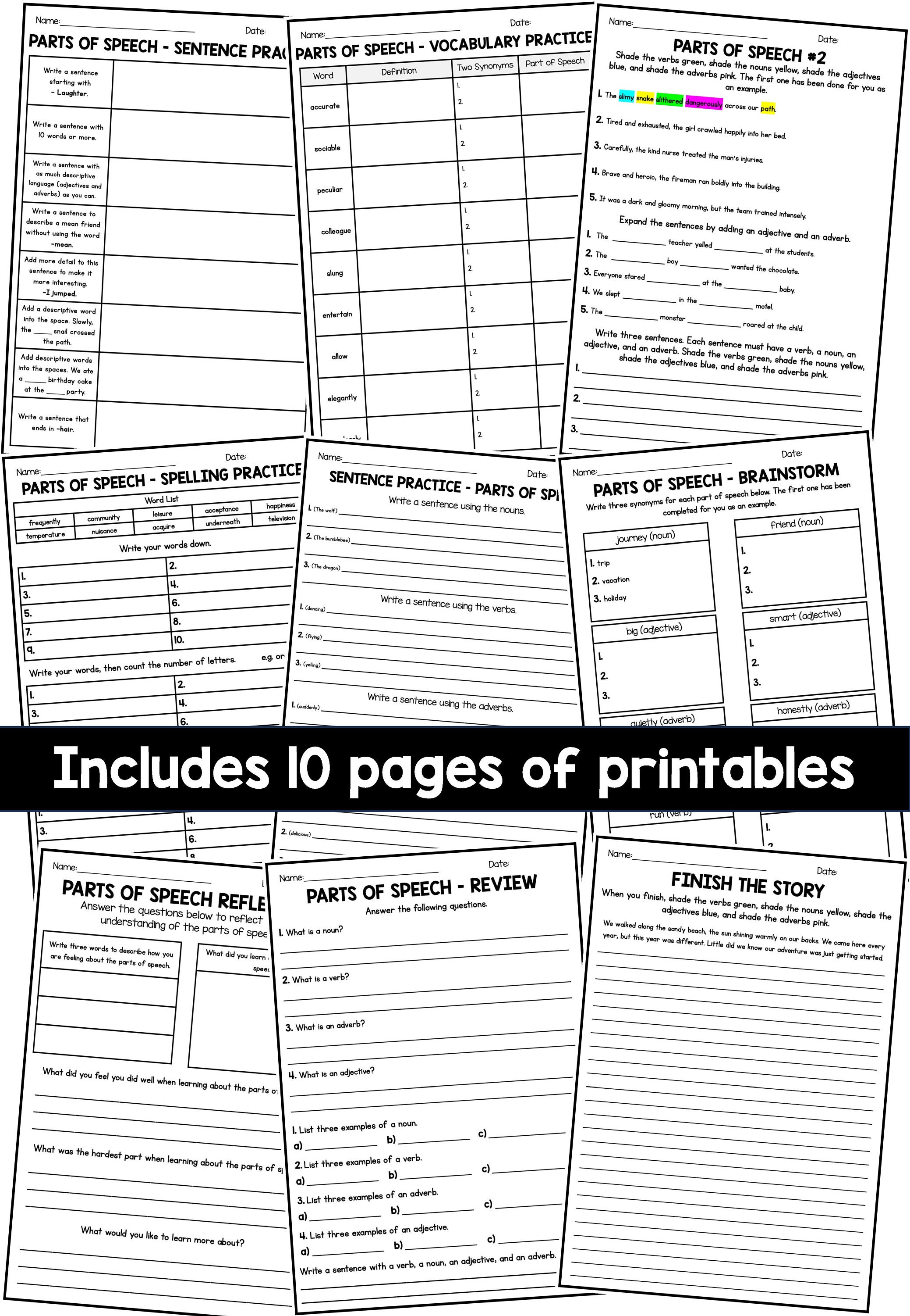 Parts of Speech Mini Unit - Structured Worksheet Pack - Etsy