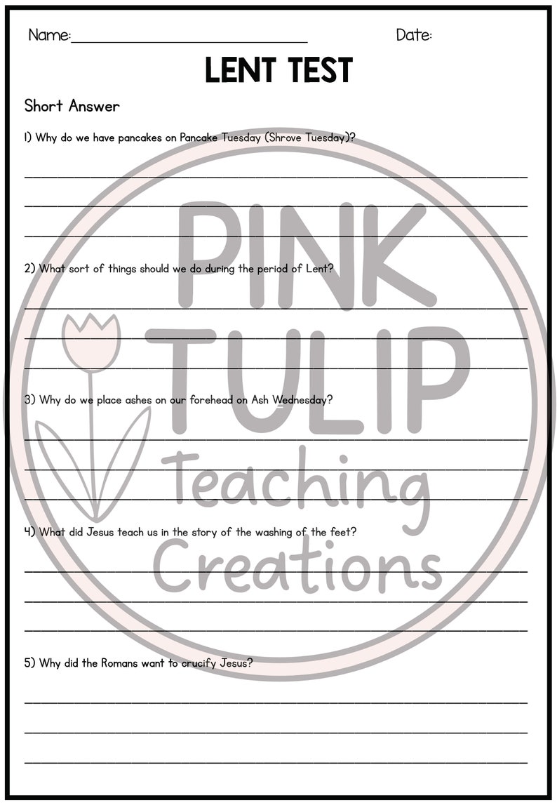 Lent Test - Assessment on Shrove Tuesday to Palm Sunday - Etsy