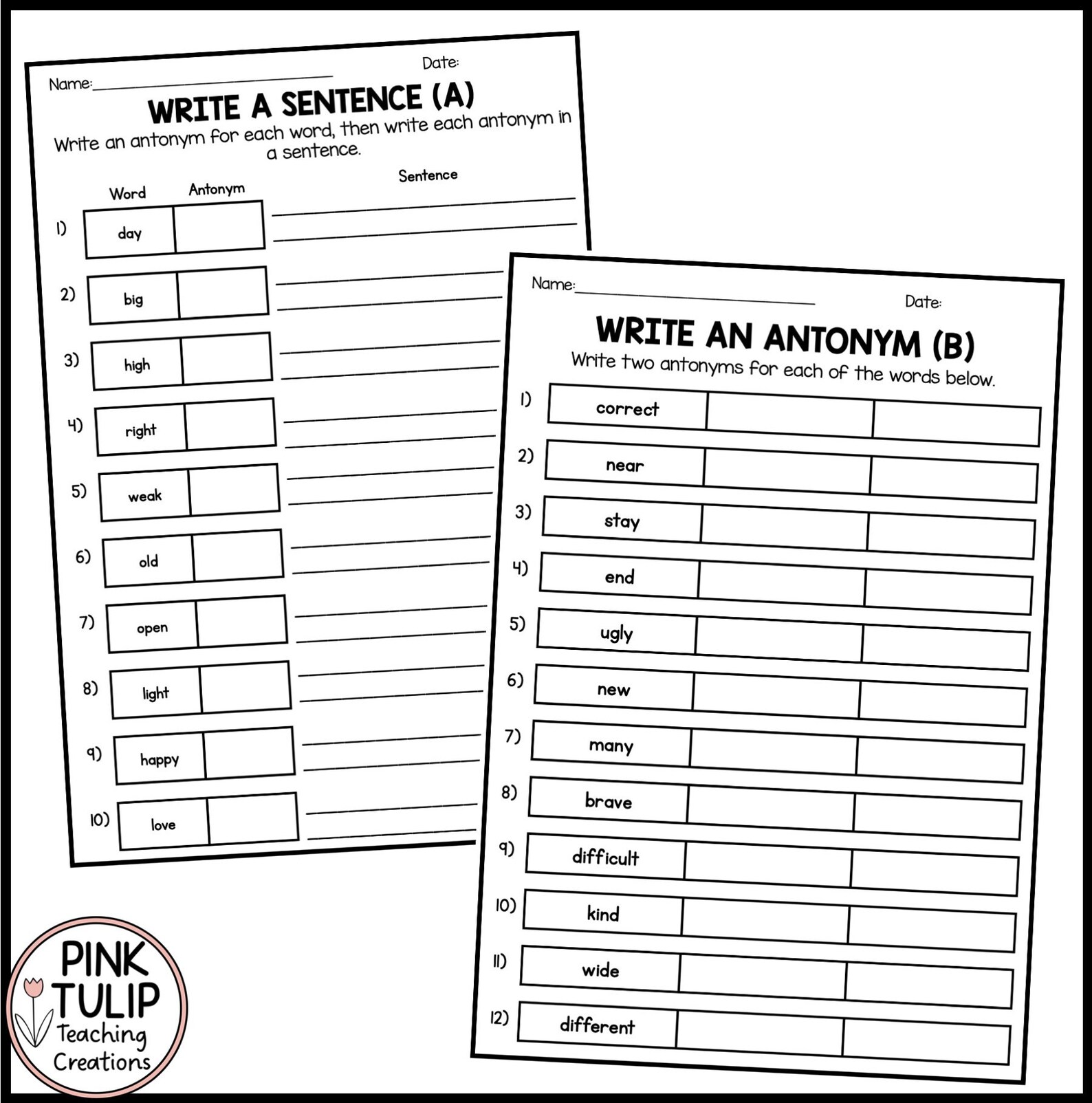 Antonyms Worksheet Pack No Prep Printables With Answers - Etsy
