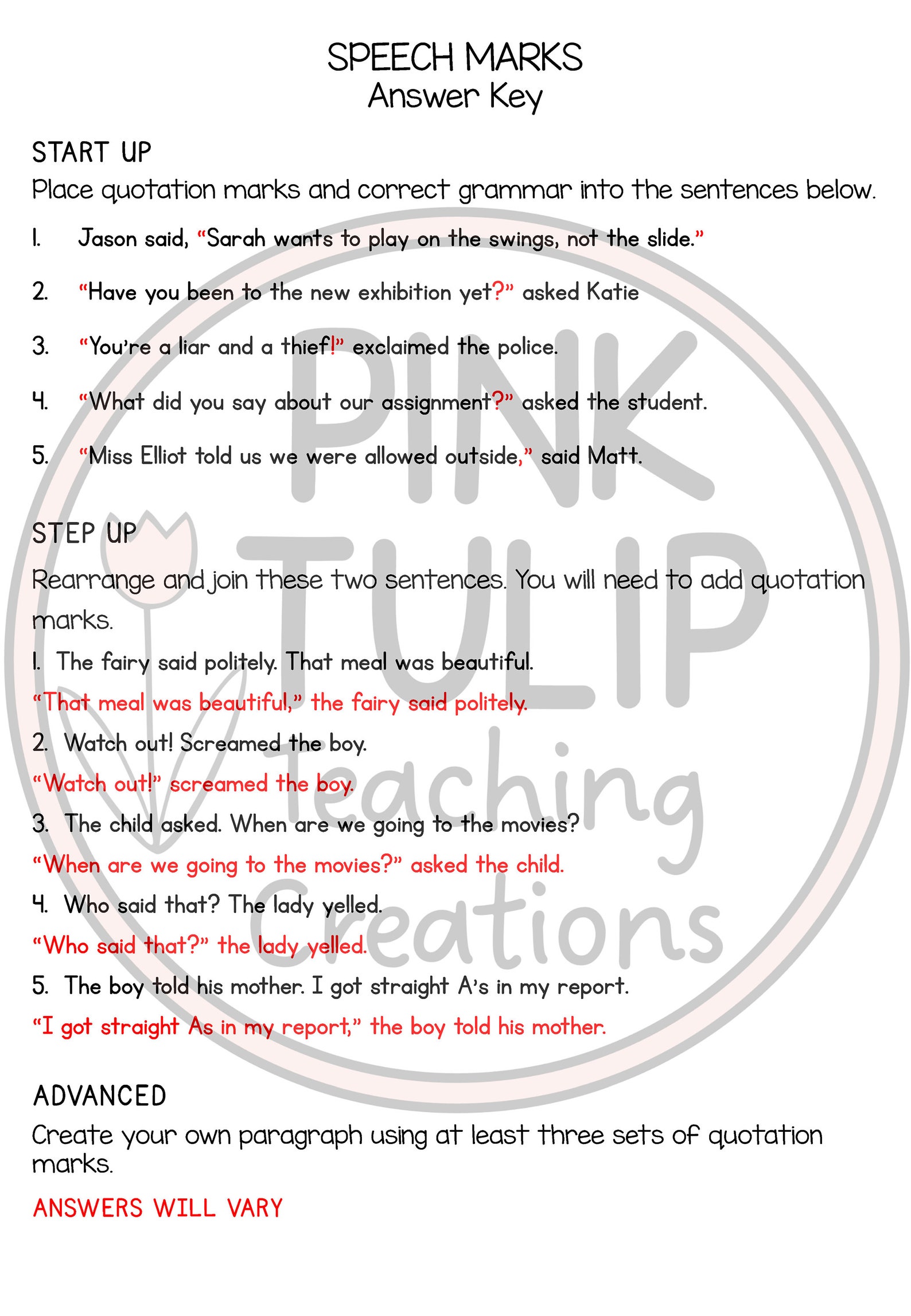 Apostrophes and Speech Marks - Grammar Worksheets With Answers - Etsy