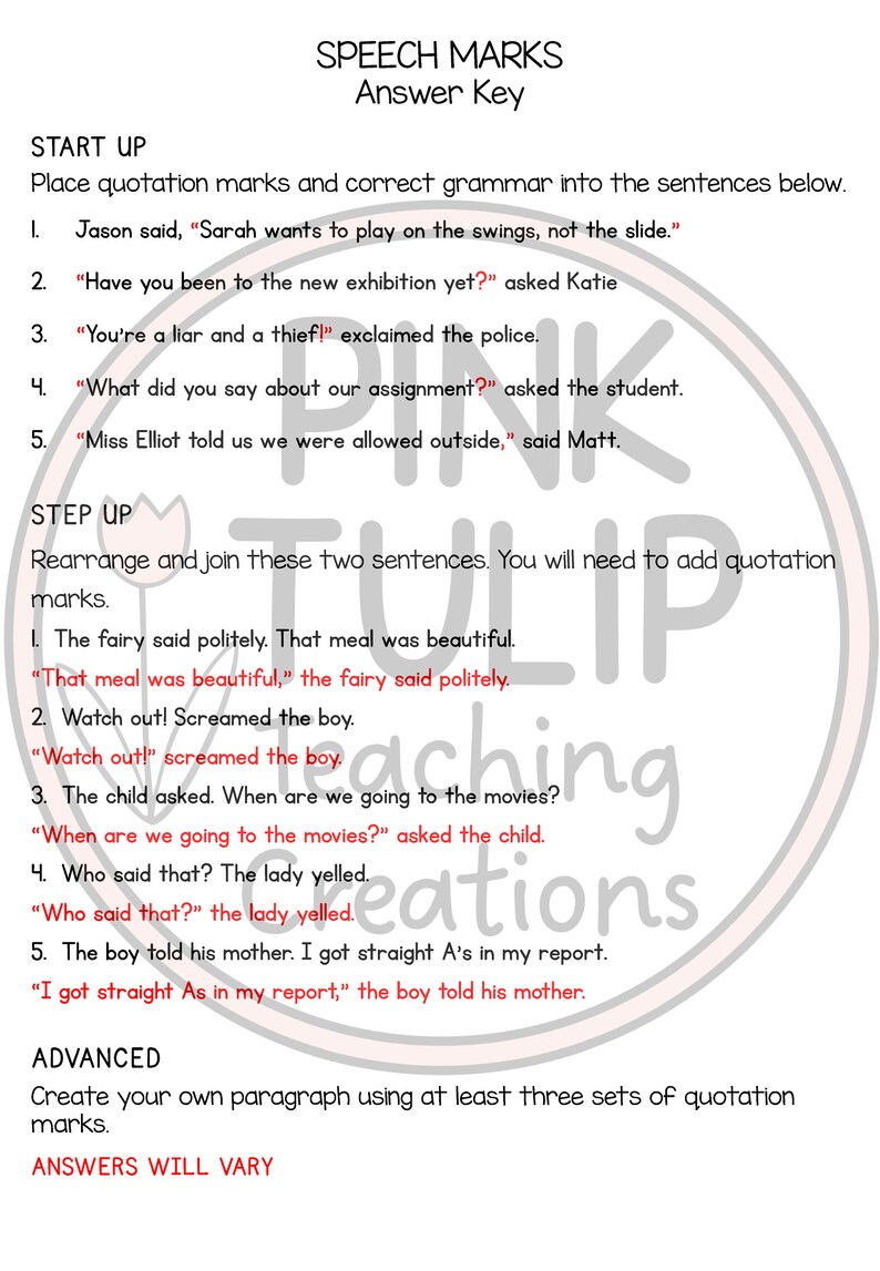 Apostrophes and Speech Marks - Grammar Worksheets With Answers - Etsy