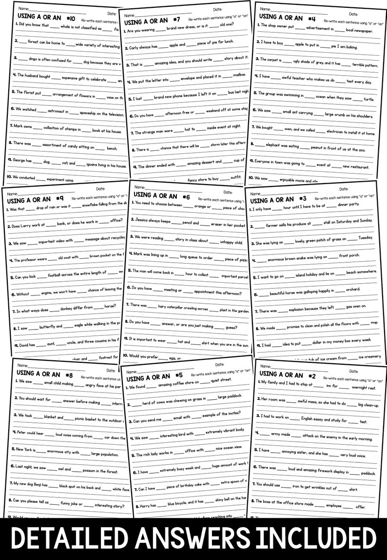 Using the Article A or an - Fill in the Blanks Worksheet Pack - Etsy