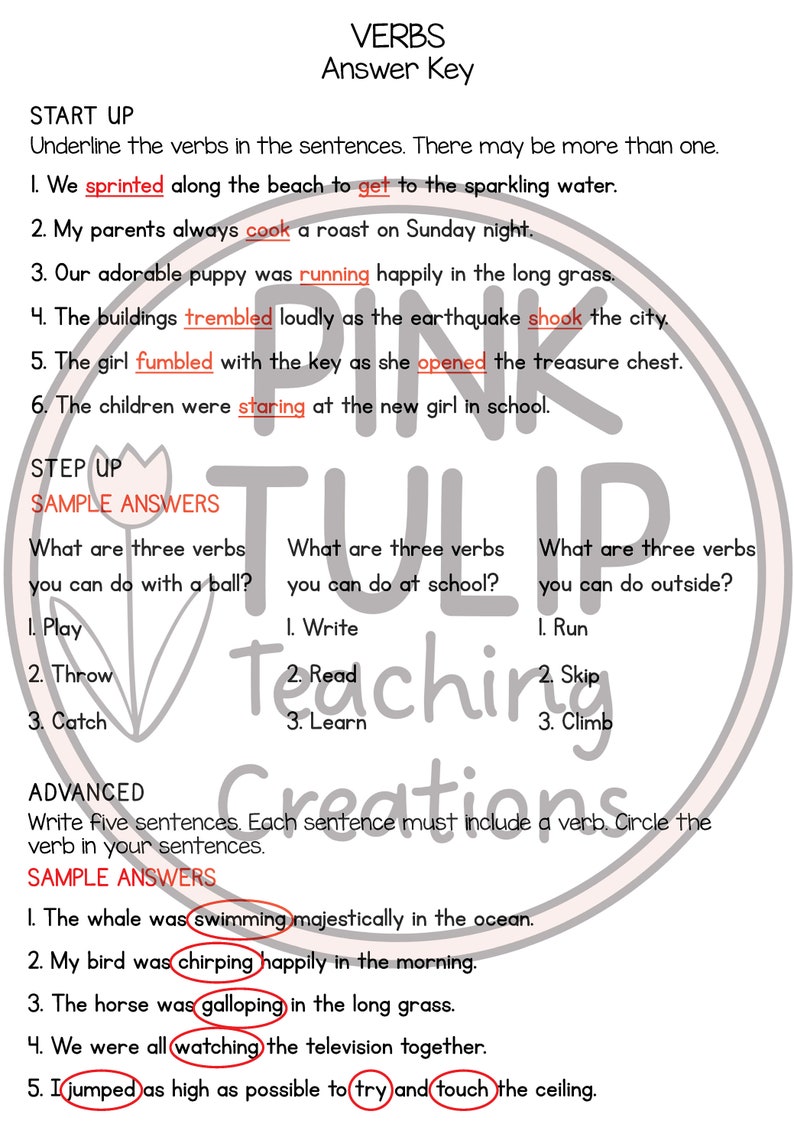 Verbs, Adjectives, Adverbs and Tense - Grammar Worksheets With Answers ...