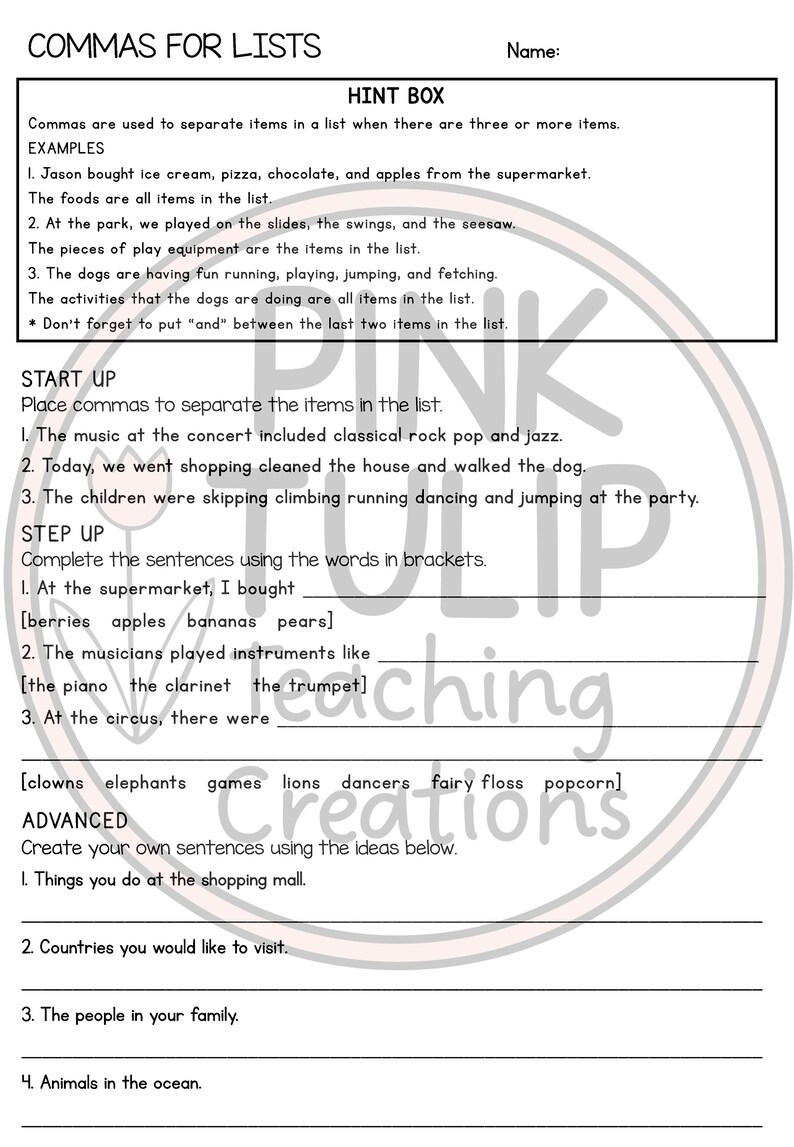 Commas for Clauses, Commas for Lists - Grammar Worksheets With Answers ...