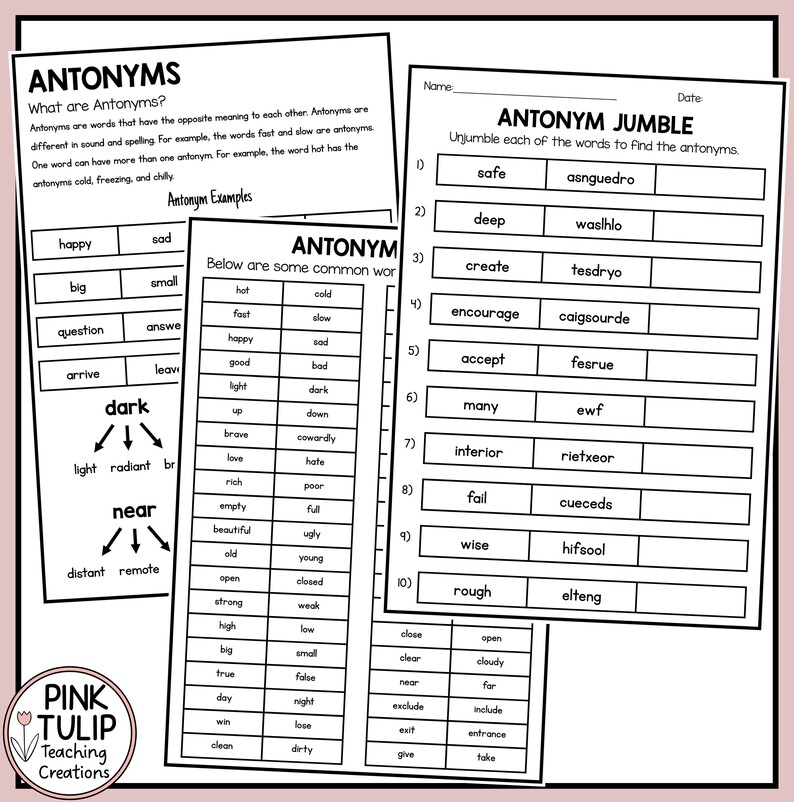 Antonyms Worksheet Pack No Prep Printables With Answers - Etsy