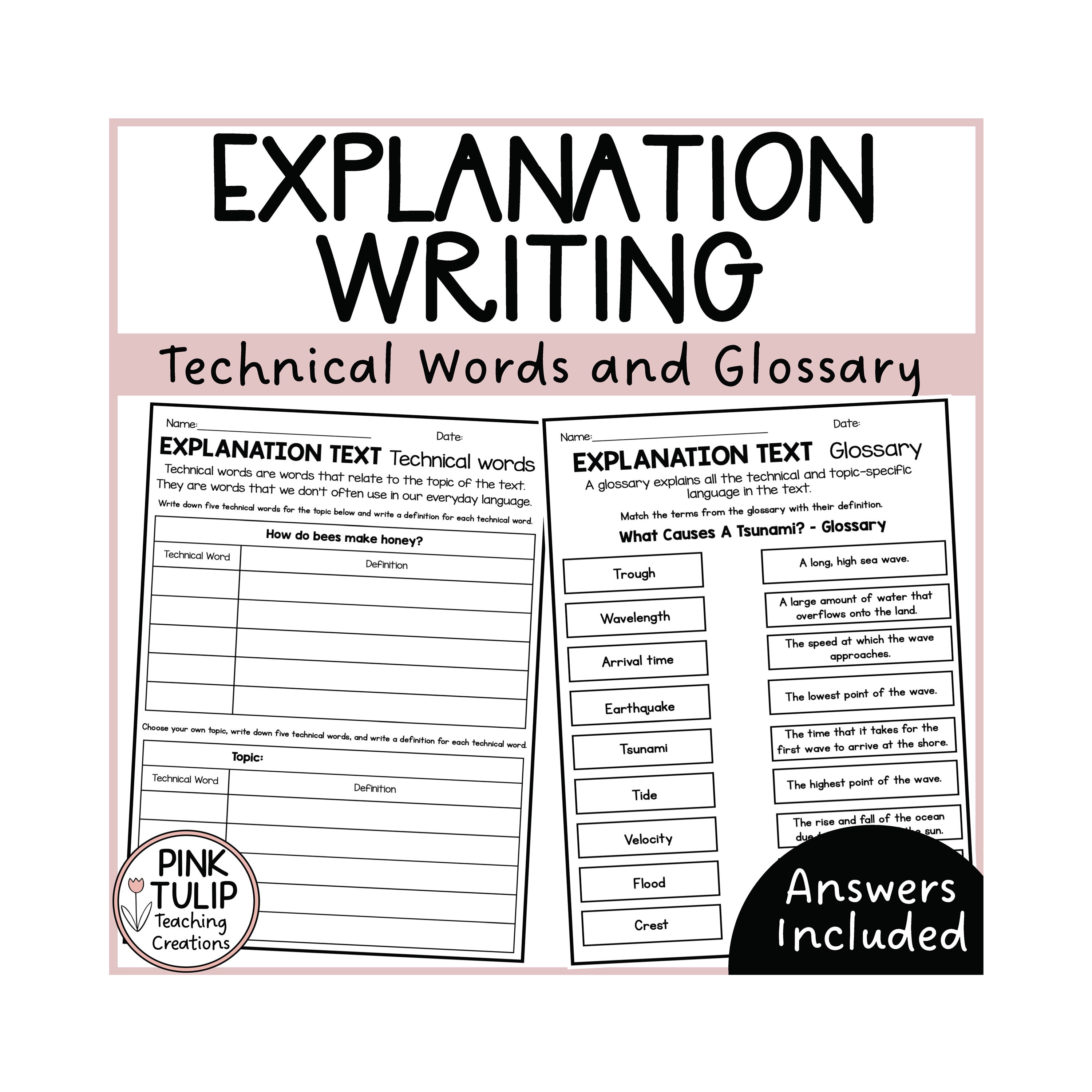Explanation Writing - Technical Words and Glossary Worksheets - Etsy