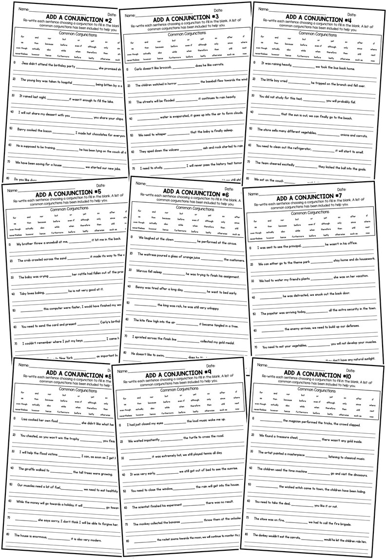 Add A Conjunction to the Sentences - Fill in the Blanks Worksheet Pack ...