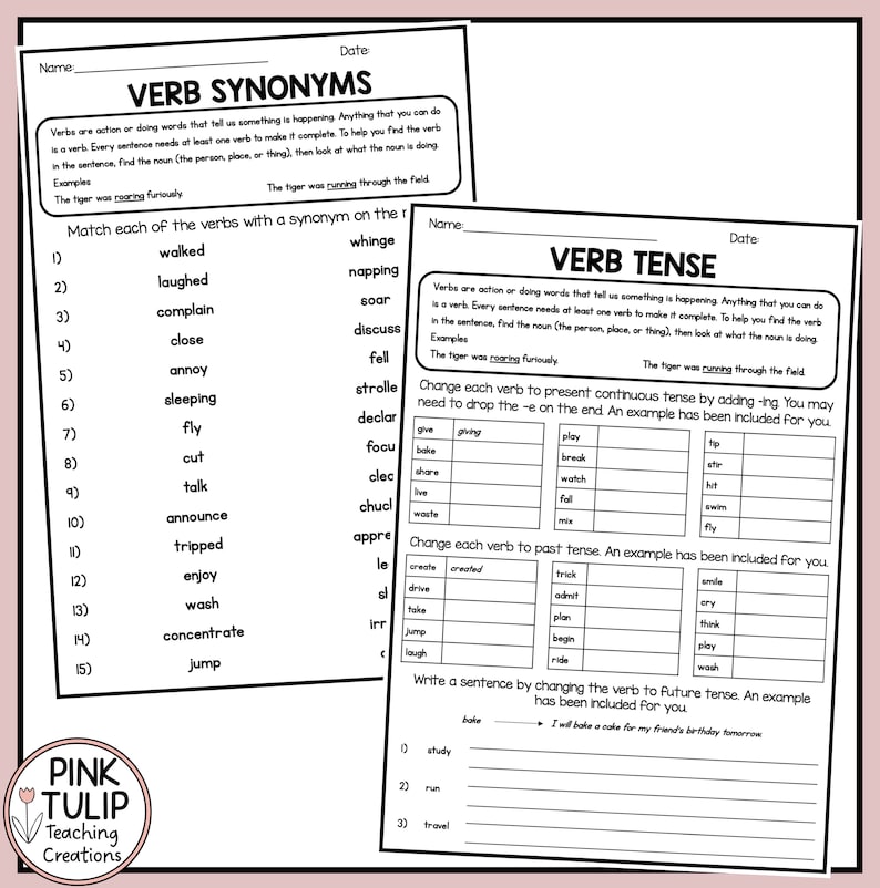 Verbs - Worksheet Pack With Answers - Etsy