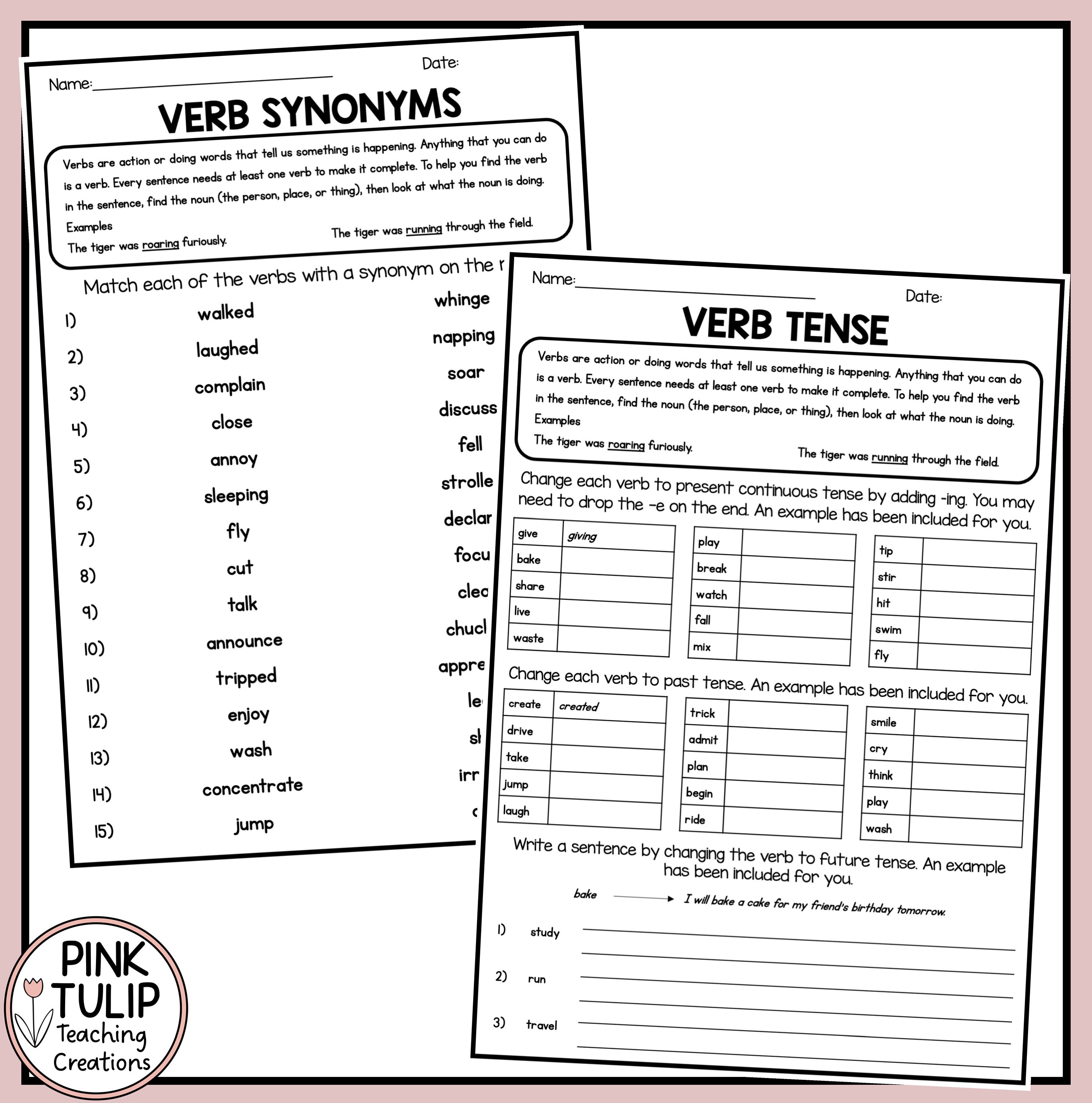 Verbs - Worksheet Pack With Answers - Etsy