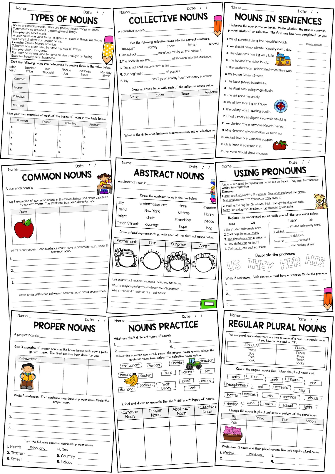 Nouns Worksheet Pack - Common, Proper, Abstract, Collective, and ...
