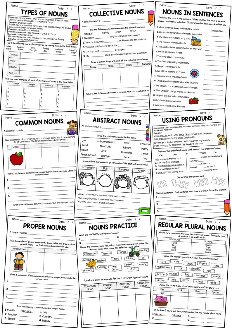 Nouns Worksheet Pack - Common, Proper, Abstract, Collective, and ...