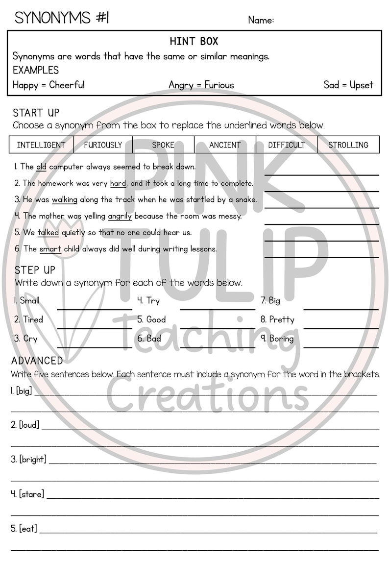 Antonyms and Synonyms - Grammar Worksheets With Answers - Etsy