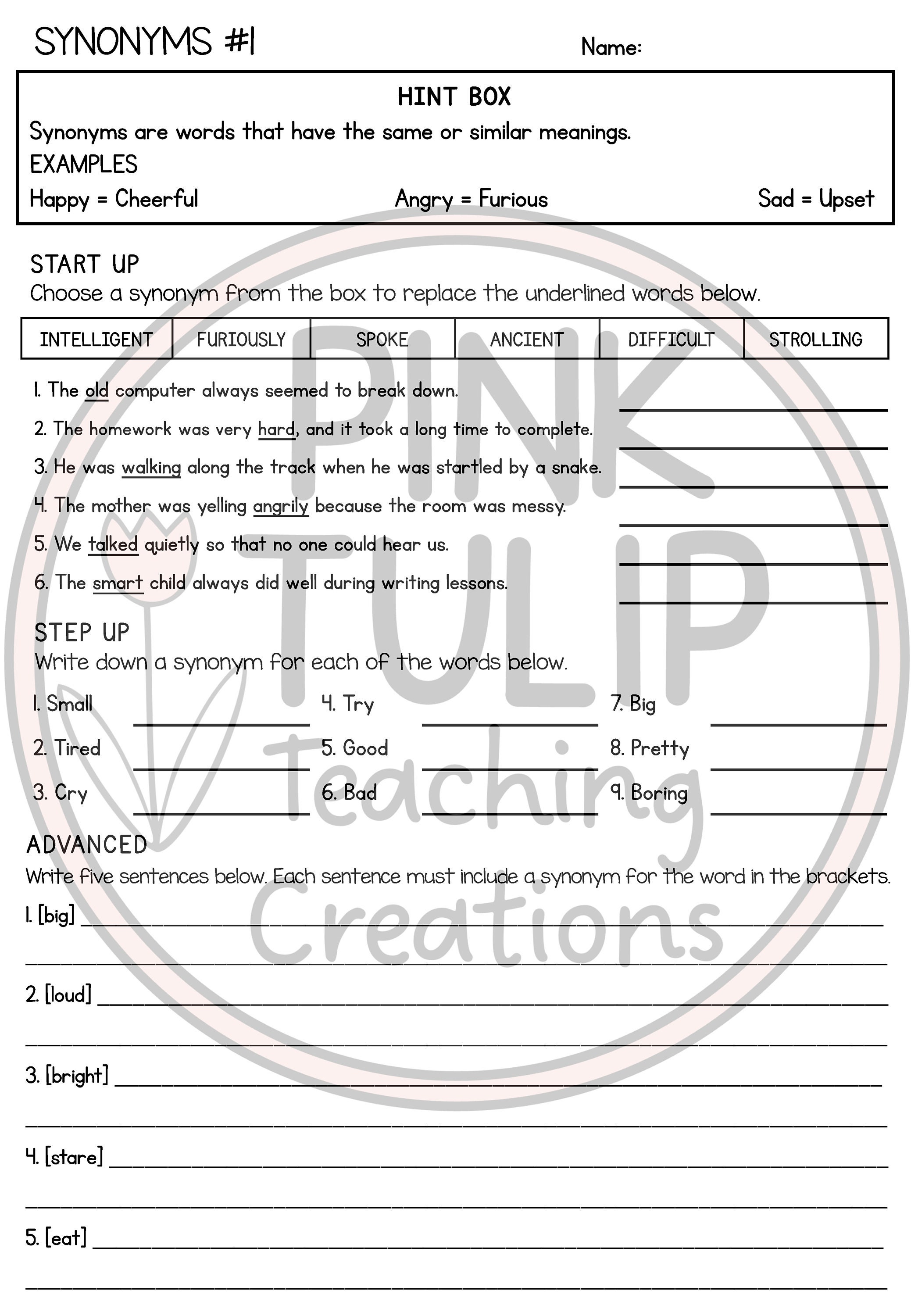 Antonyms and Synonyms - Grammar Worksheets With Answers - Etsy