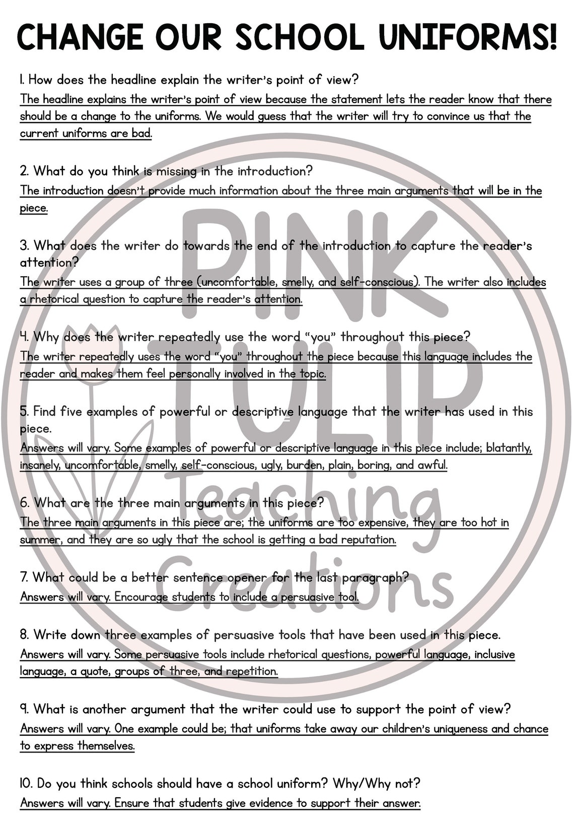 Persuasive Writing Comprehension Change Our School Uniforms - Etsy