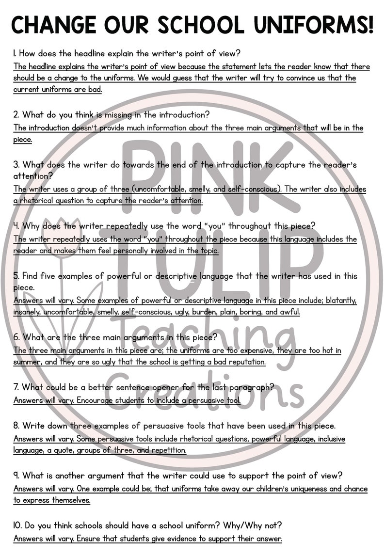 Persuasive Writing Comprehension - Change Our School Uniforms - Etsy