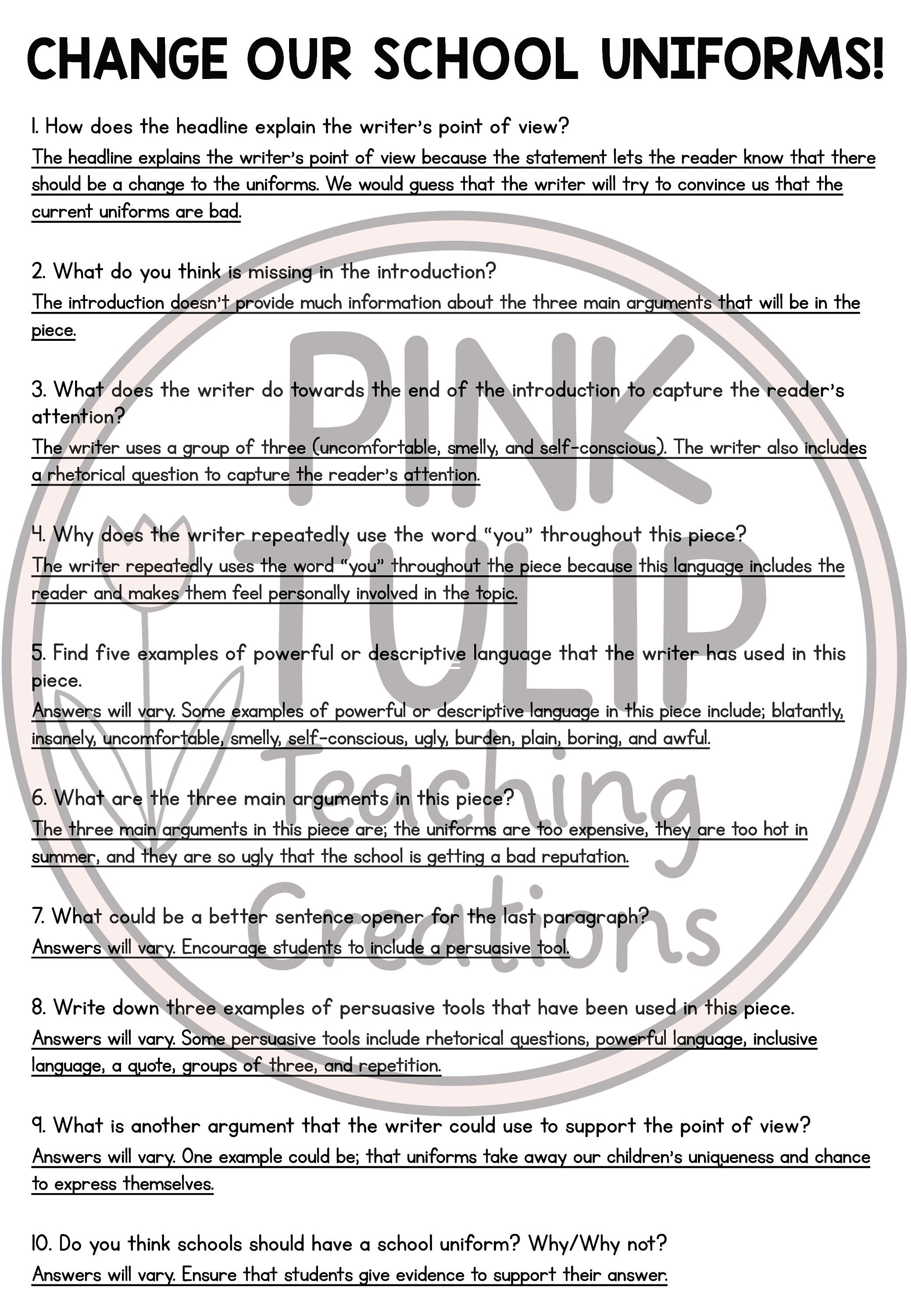 Persuasive Writing Comprehension - Change Our School Uniforms - Etsy