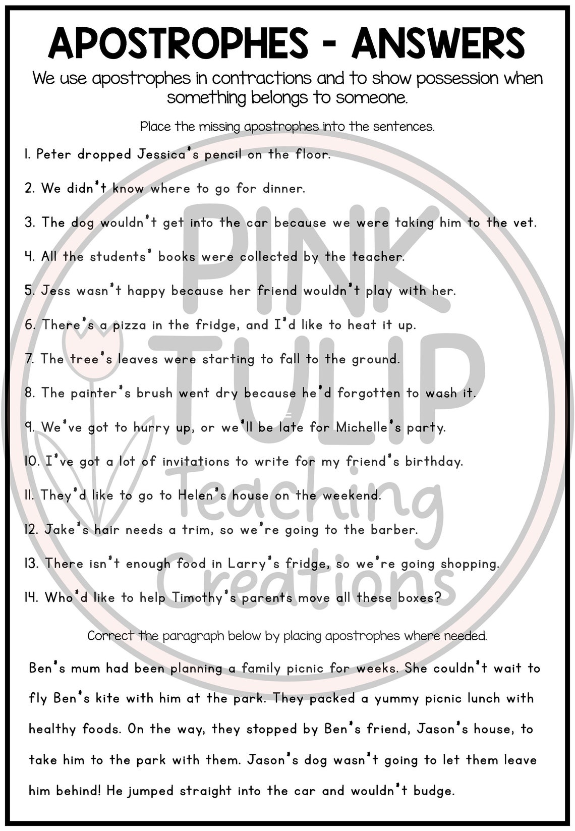 Using Apostrophes Worksheets - No Prep Printables - Etsy