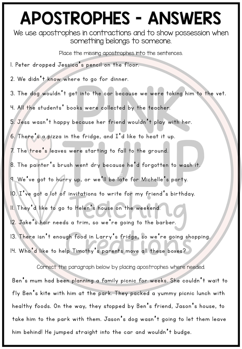 Using Apostrophes Worksheets - No Prep Printables - Etsy