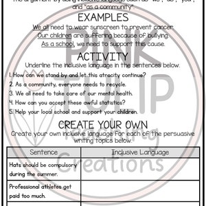 Inclusive Language - Persuasive Writing Worksheets - Etsy
