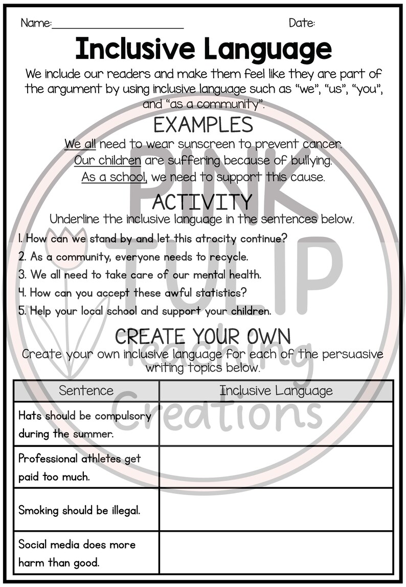 Inclusive Language - Persuasive Writing Worksheets - Etsy