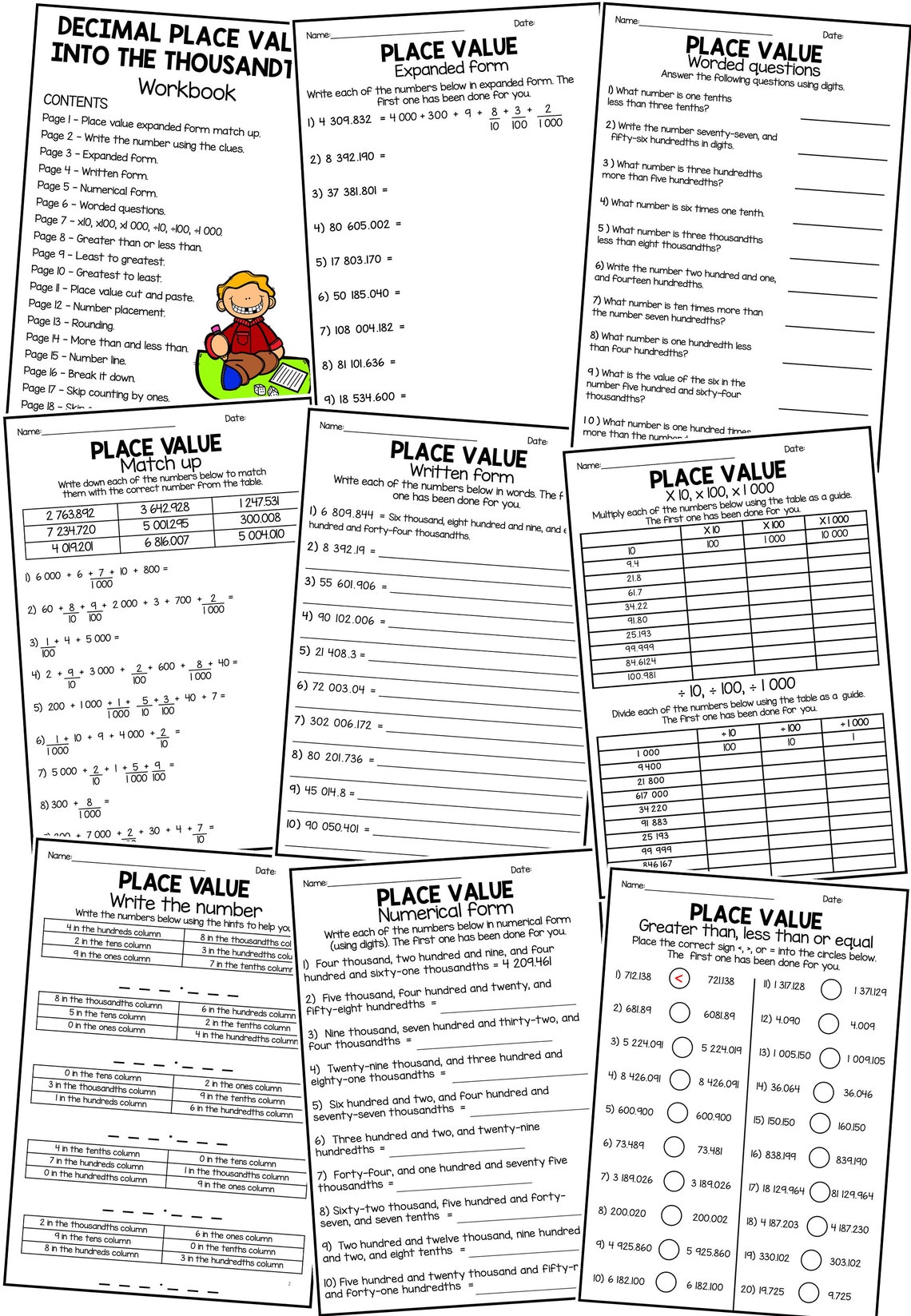 Decimal Place Value Into the Thousandths - Worksheet Pack - Etsy