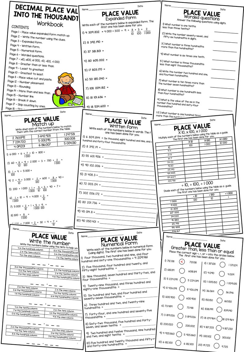 Decimal Place Value Into the Thousandths - Worksheet Pack - Etsy
