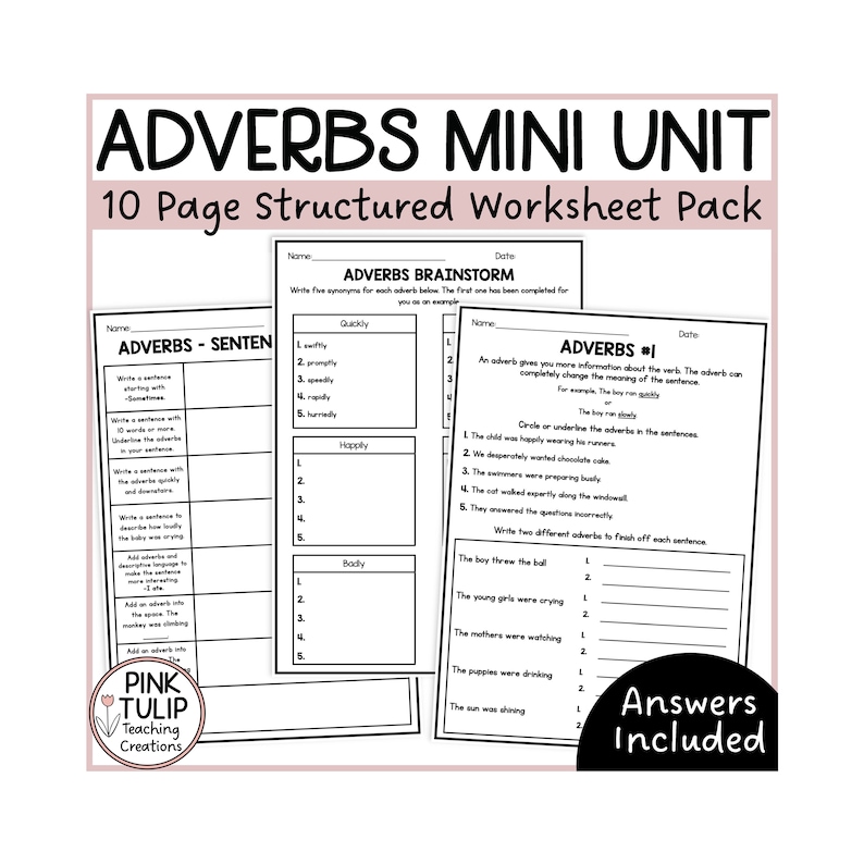 Adverbs Mini Unit - Structured Worksheet Pack - Etsy