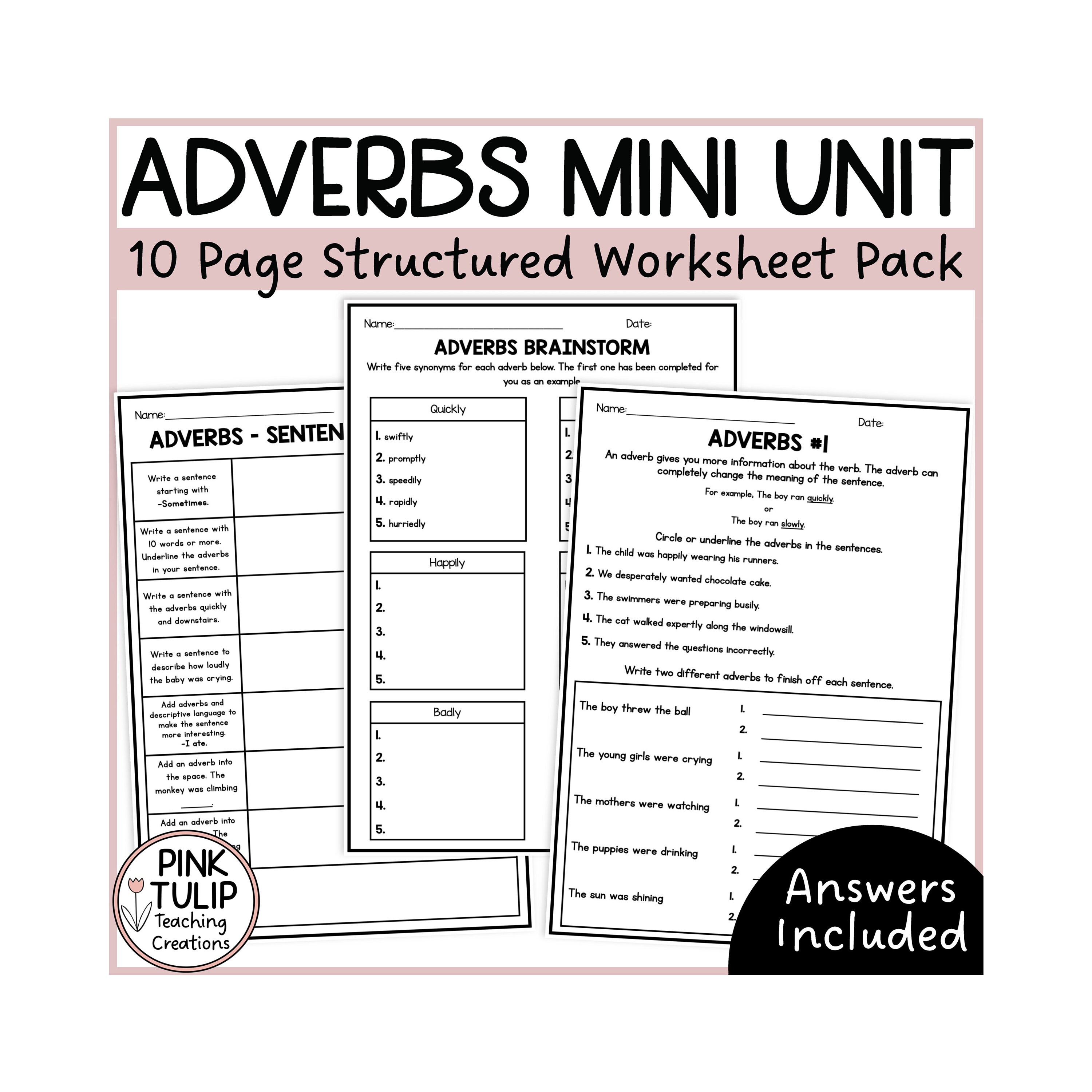 Adverbs Mini Unit - Structured Worksheet Pack - Etsy