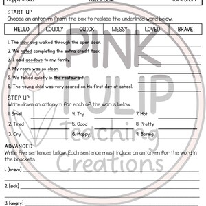 Antonyms and Synonyms - Grammar Worksheets With Answers - Etsy