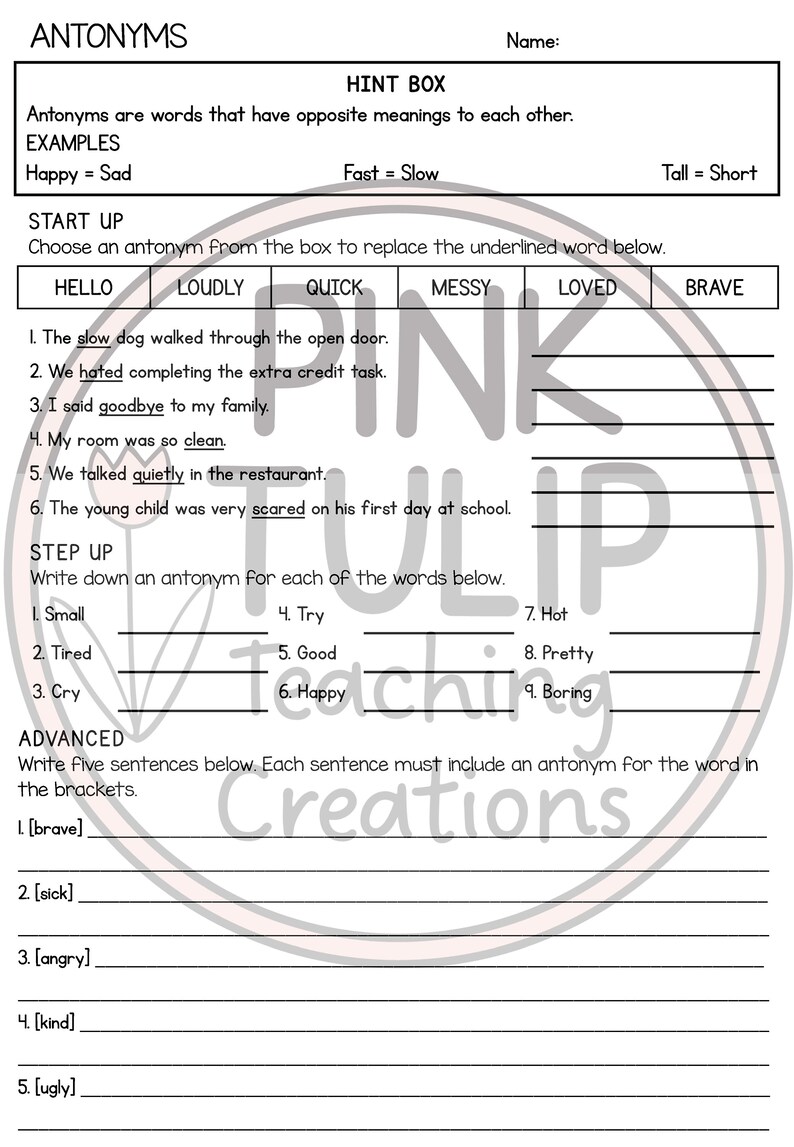 Antonyms and Synonyms - Grammar Worksheets With Answers - Etsy