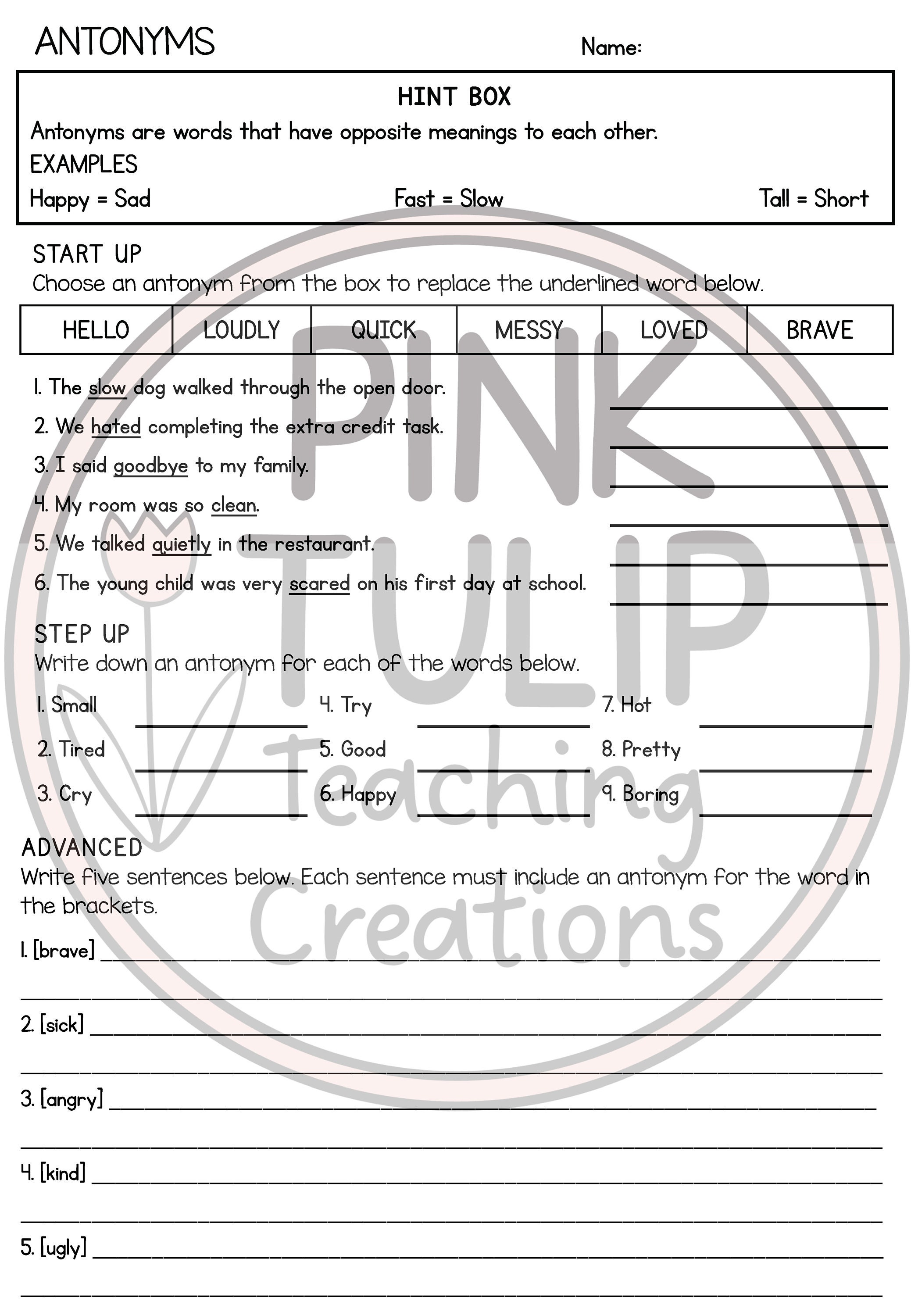 Antonyms and Synonyms - Grammar Worksheets With Answers - Etsy