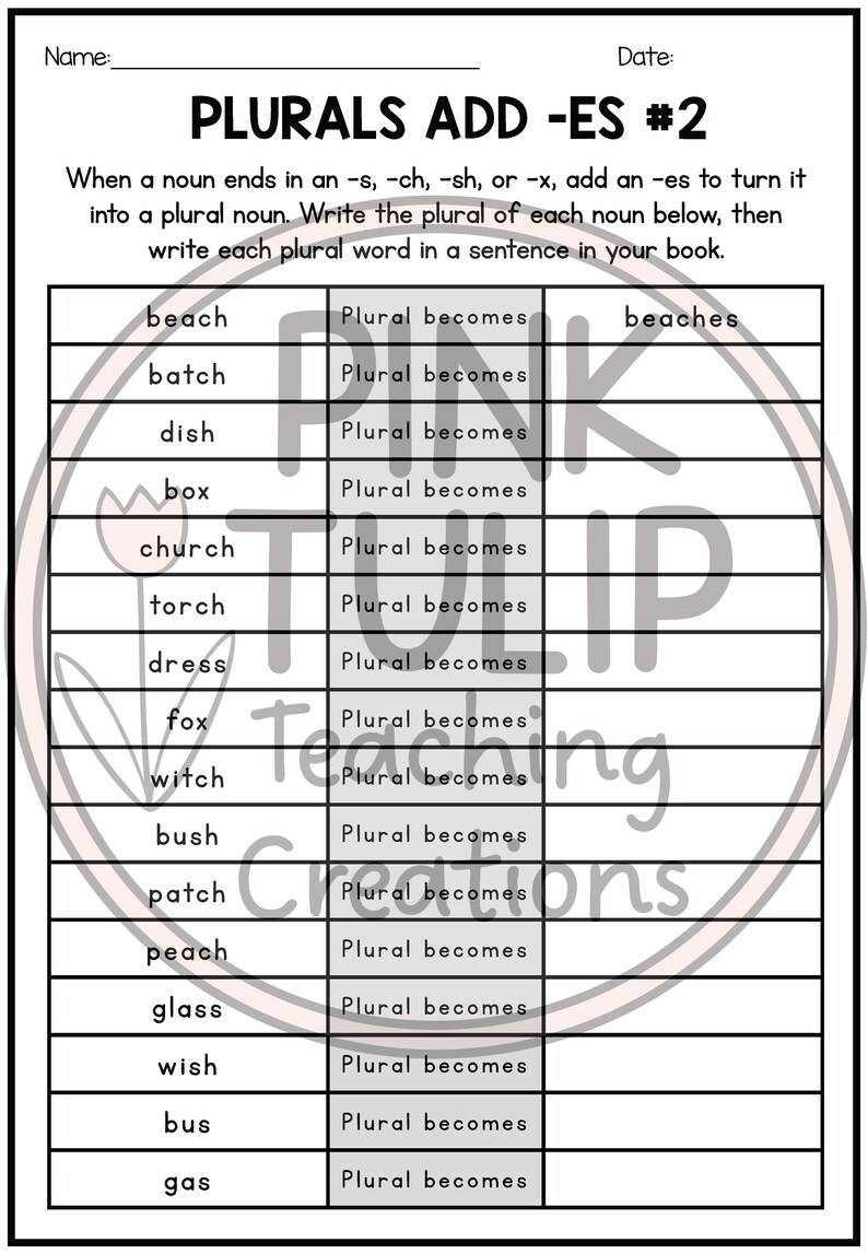 Regular Plurals, Add -ES Grammar Worksheets - Etsy