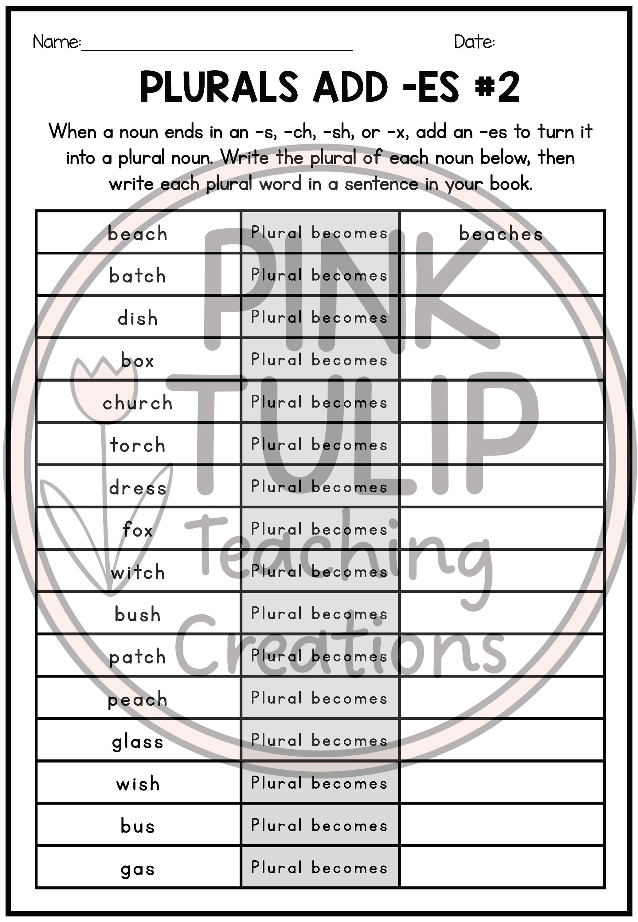 Regular Plurals, Add -ES Grammar Worksheets - Etsy