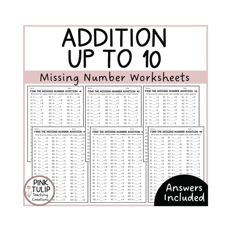 Missing Number up to 10 Addition Worksheets - Mental Math or Early ...