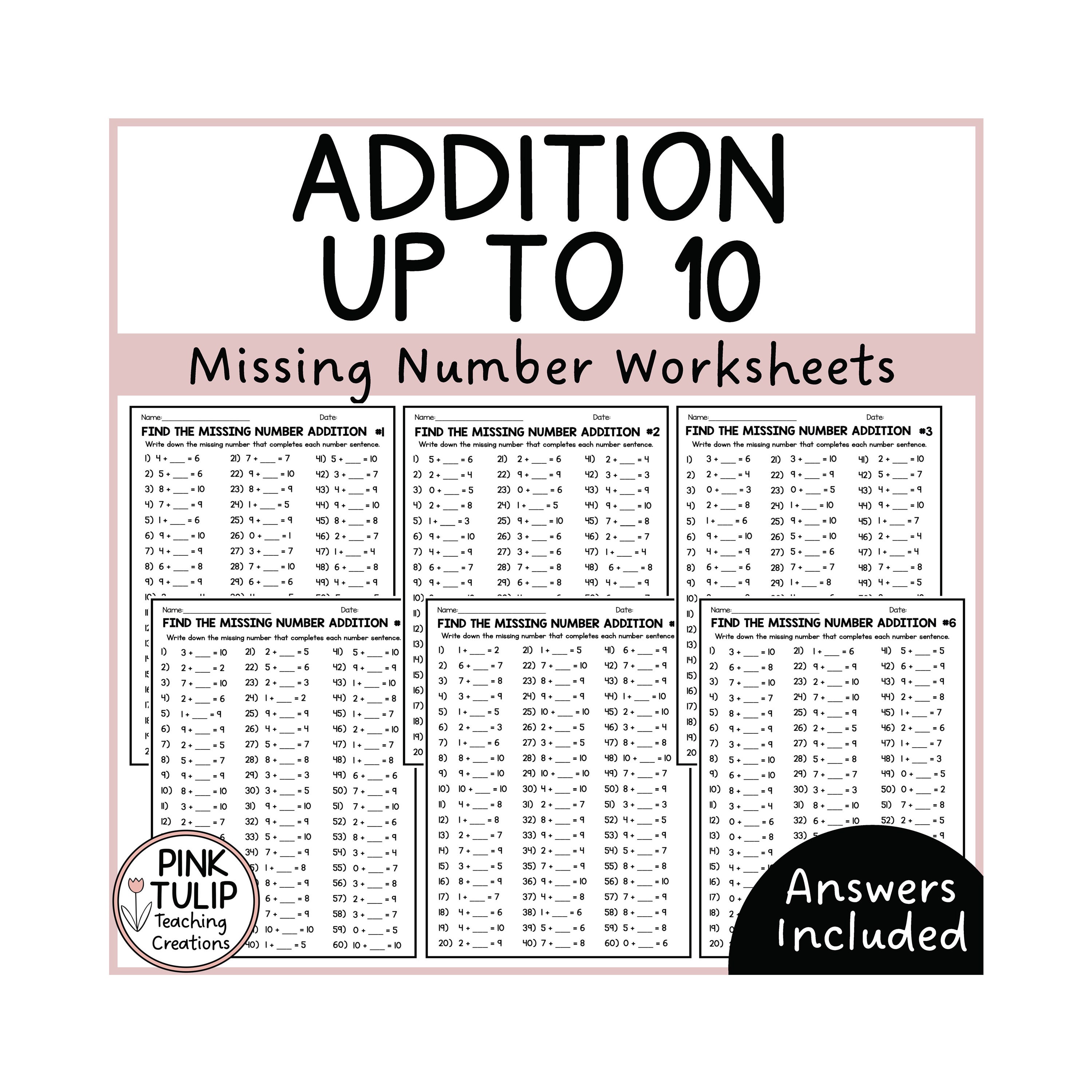 Missing Number up to 10 Addition Worksheets - Mental Math or Early ...