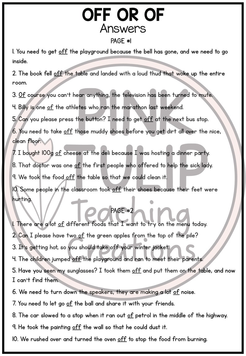 Off or of Grammar Worksheets - Etsy