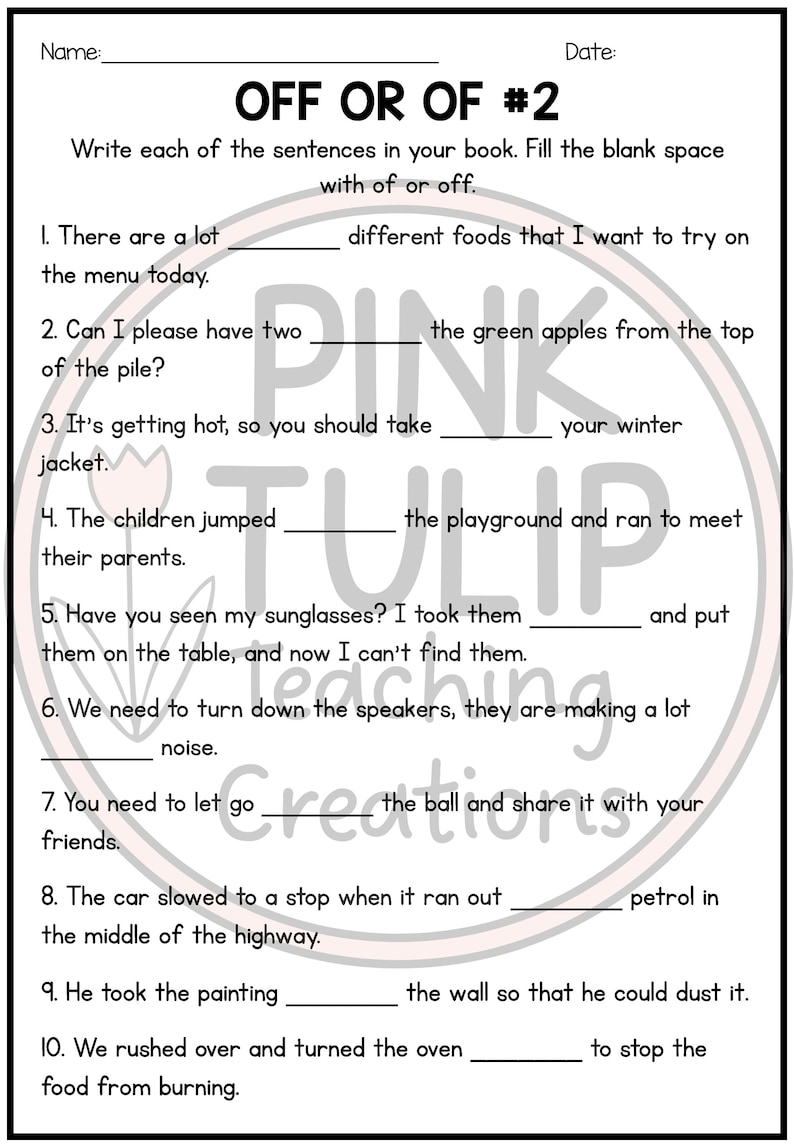 Off or of Grammar Worksheets - Etsy
